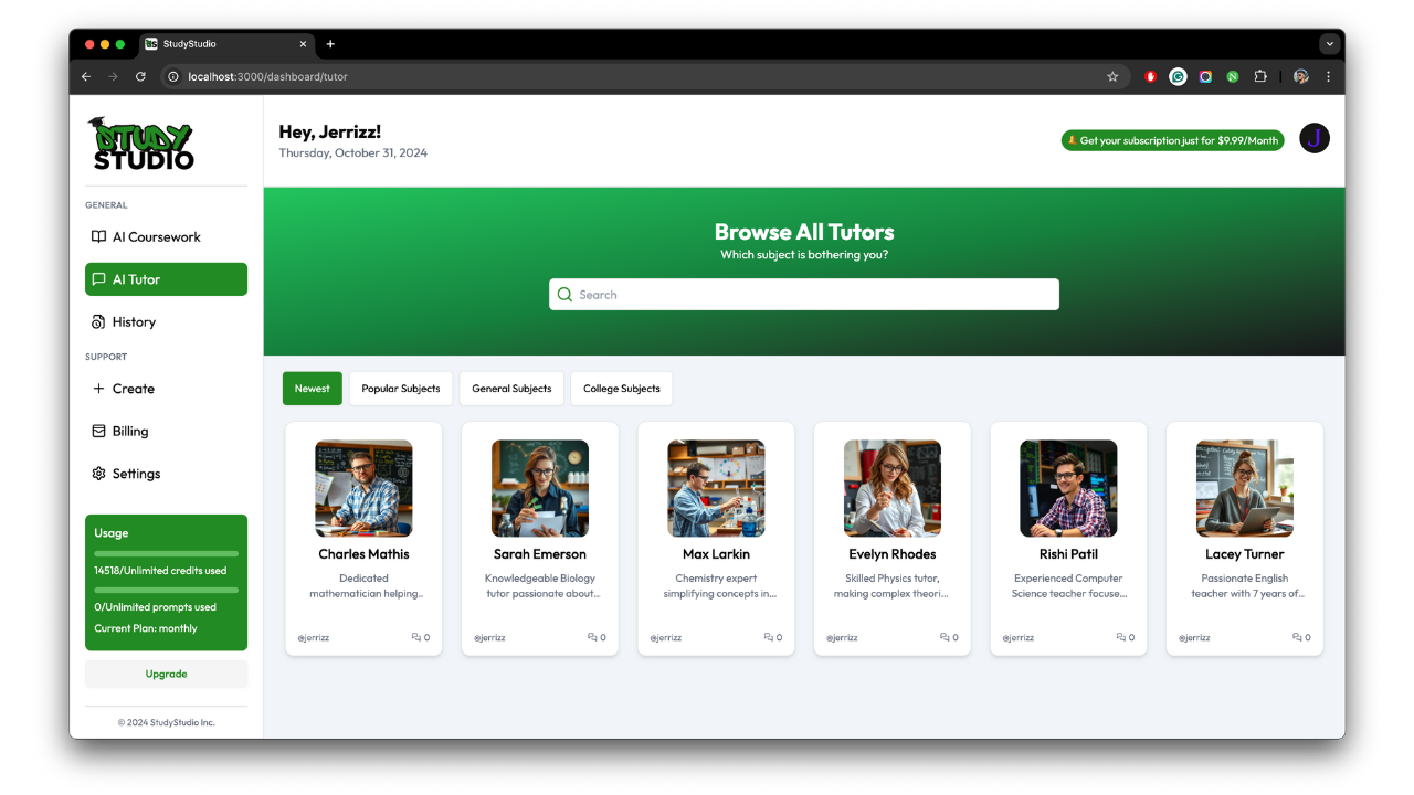 StudyStudio - AI Educational App, Course Helper, Custom AI Tutor Creator SAAS System by Jerrizz